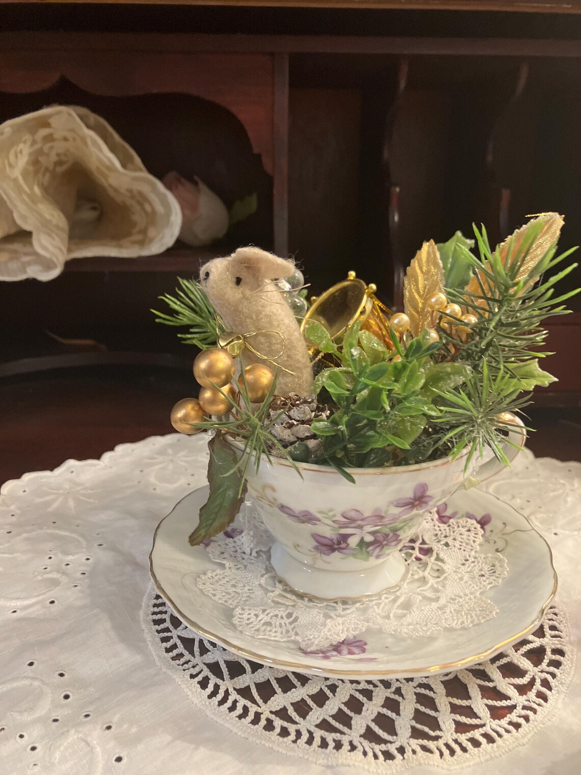 Handmade Mouse in Christmas Teacup With Greenery, Berries, Drum, Etc ...