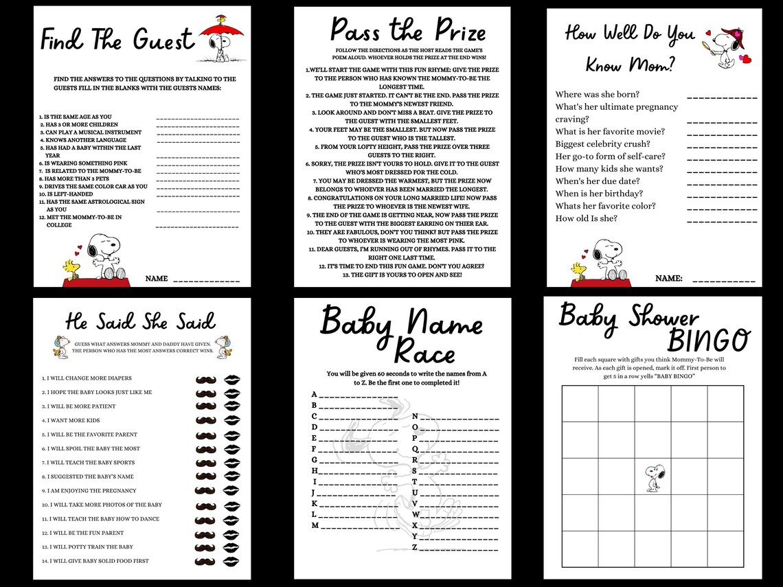 Snoopy Theme Baby Shower Games, Signs, Raffles and Favors, Printable ...