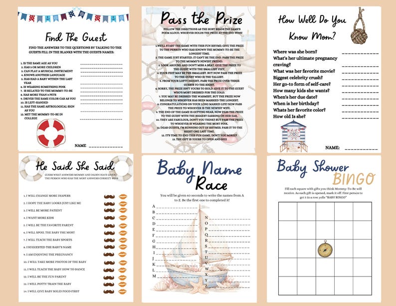 Nautical/sailor Themed Baby Shower Games, Signs and Raffles, Printable ...