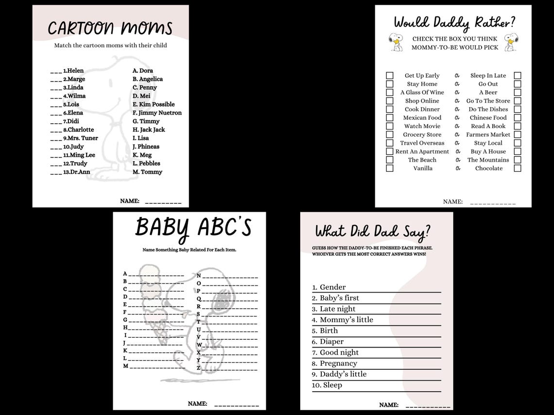 Snoopy Theme Baby Shower Games, Signs, Raffles and Favors, Printable ...