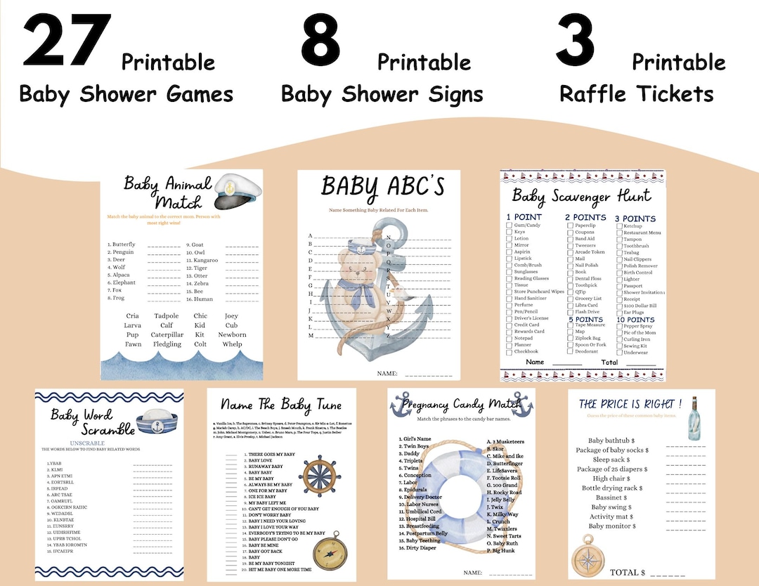 Nautical/sailor Themed Baby Shower Games, Signs and Raffles, Printable ...