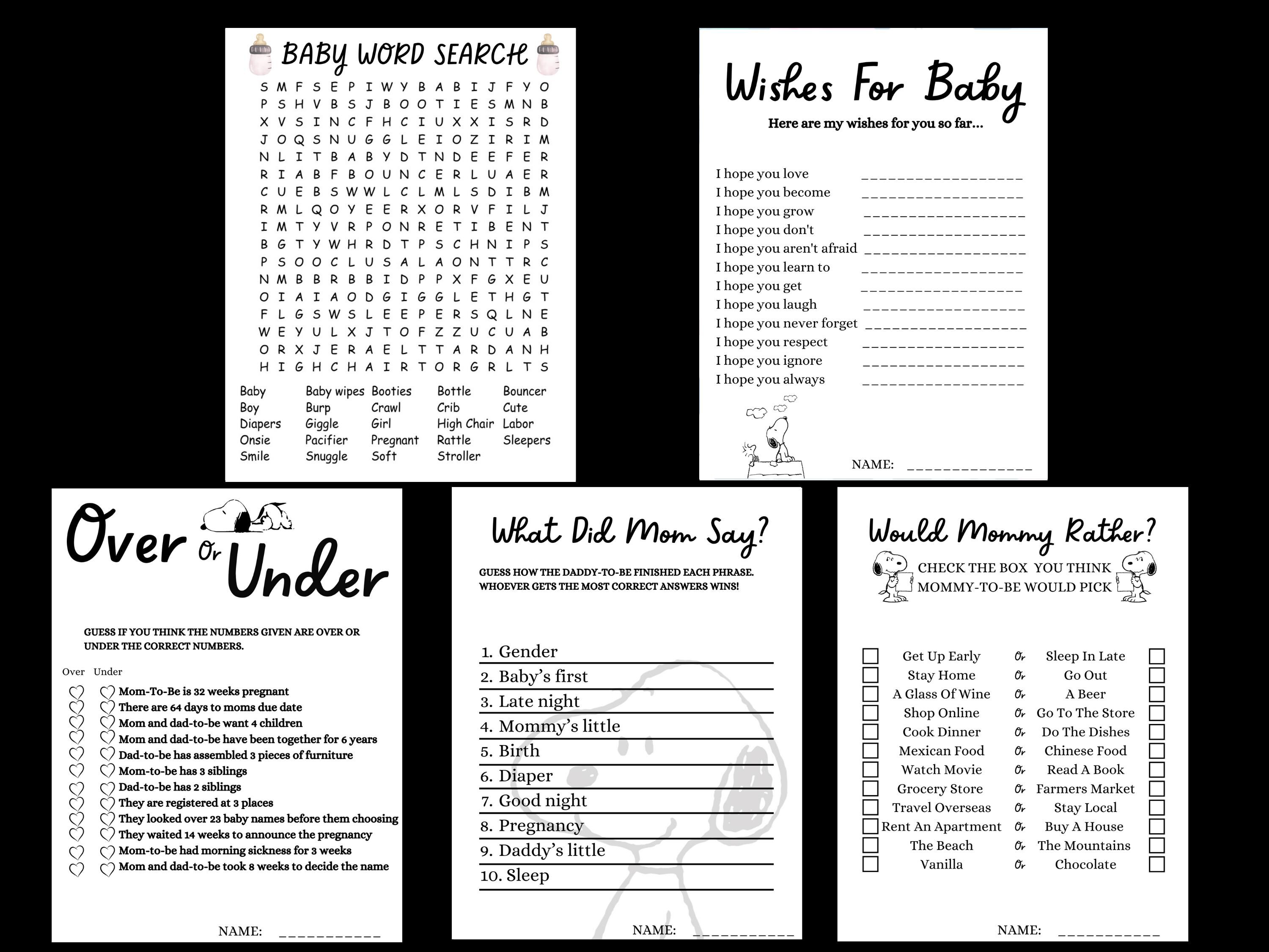 Snoopy Theme Baby Shower Games, Signs, Raffles and Favors, Printable ...