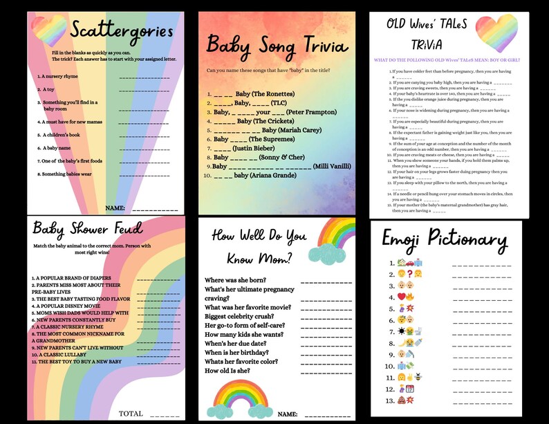 Rainbow Themed Baby Shower Games, Signs and Raffles, Rainbow Baby ...