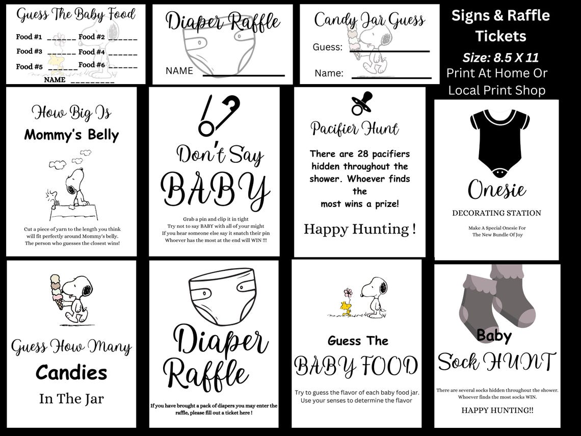 Snoopy Theme Baby Shower Games, Signs, Raffles and Favors, Printable ...