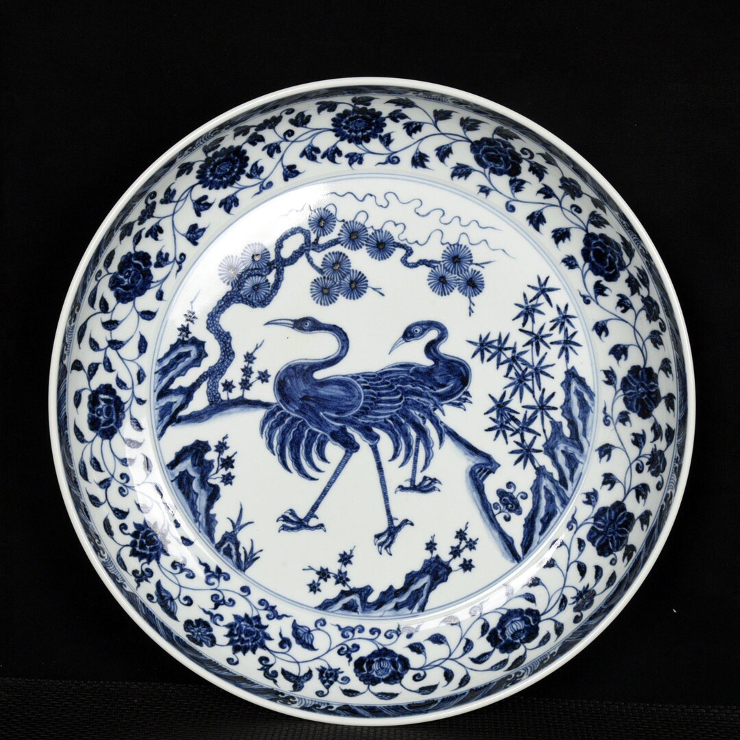 Antique Blue and White Porcelain Plate: Cranes & Pine Longevity Motif ...