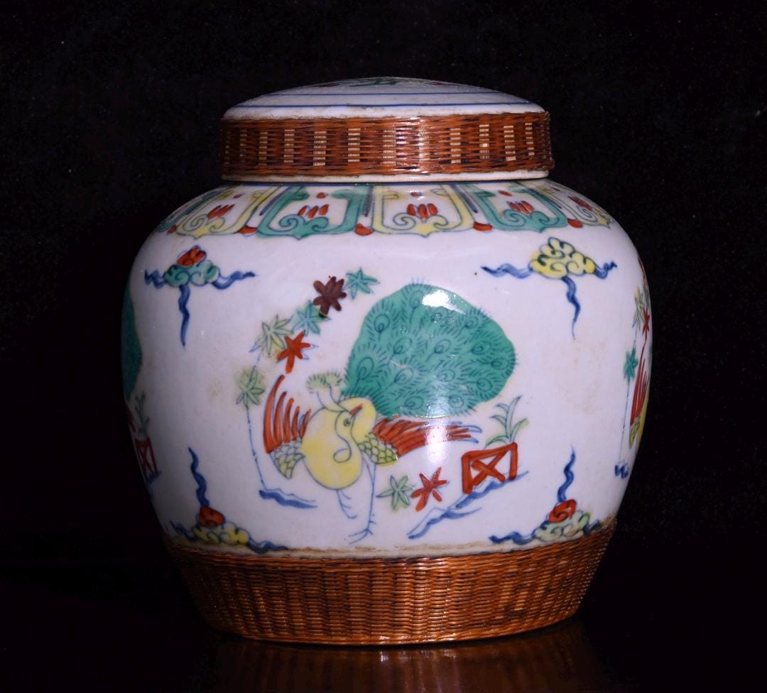 Chinese Antique Ming Dynasty, Dou-cai Peacock Pattern Porcelain Jar ...
