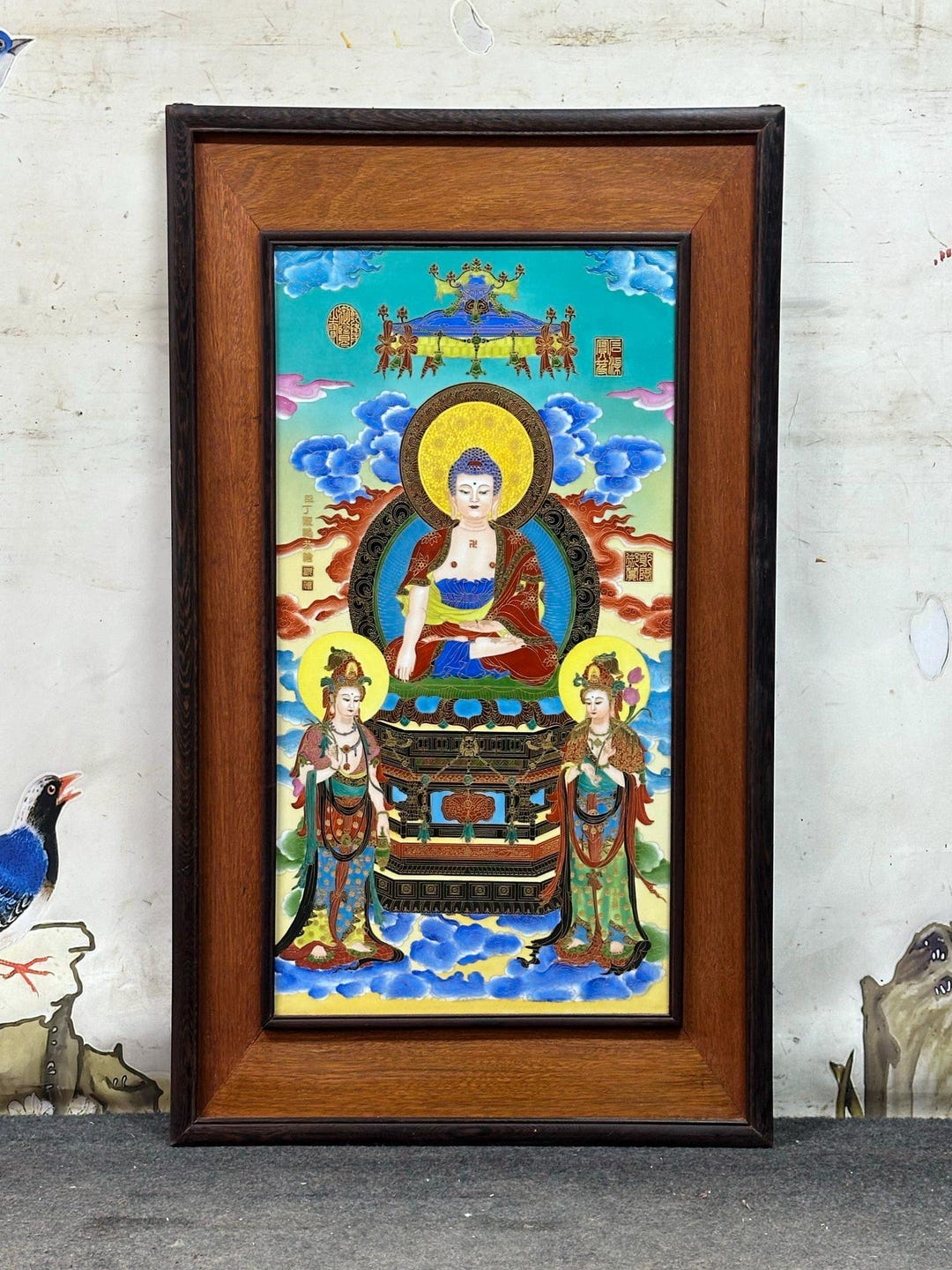 Antique Enamel Porcelain Thangka Plaque: Chinese Buddhist Art, Redwood ...