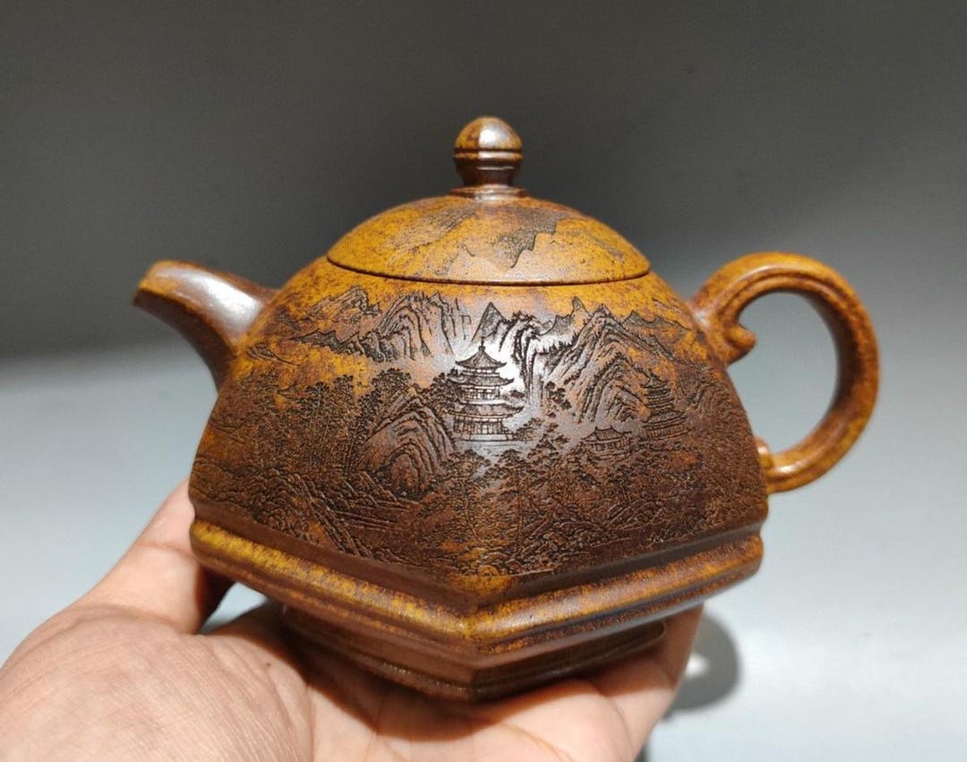 Vintage Yixing Zisha Teapot | Handcarved Landscape, Longgu Jinsha Clay ...