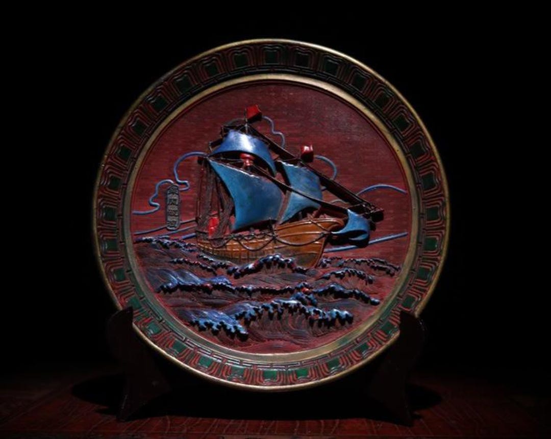 Antique Chinese Cinnabar Lacquer Plate: Hand-painted Sailing Ship ...