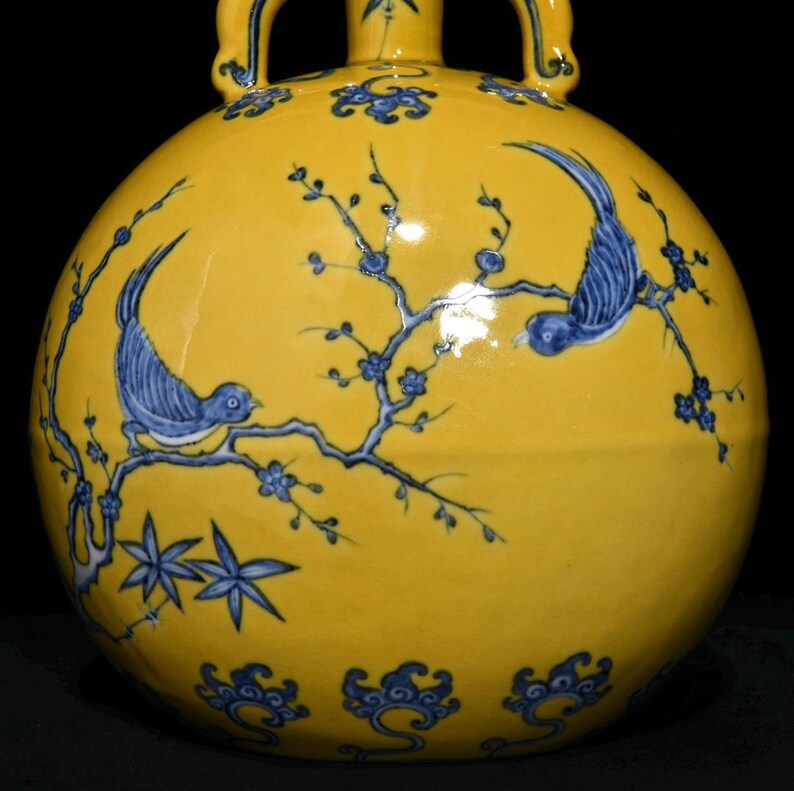 Ming Dynasty Yellow Porcelain Vase: Blue Floral Bird Decor - Etsy