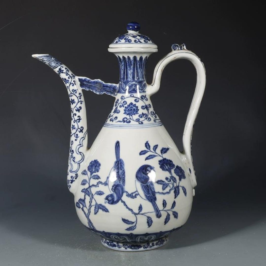Chinese Antique Ming Blue and White Flowers and Birds Pattern Wine Pot ...