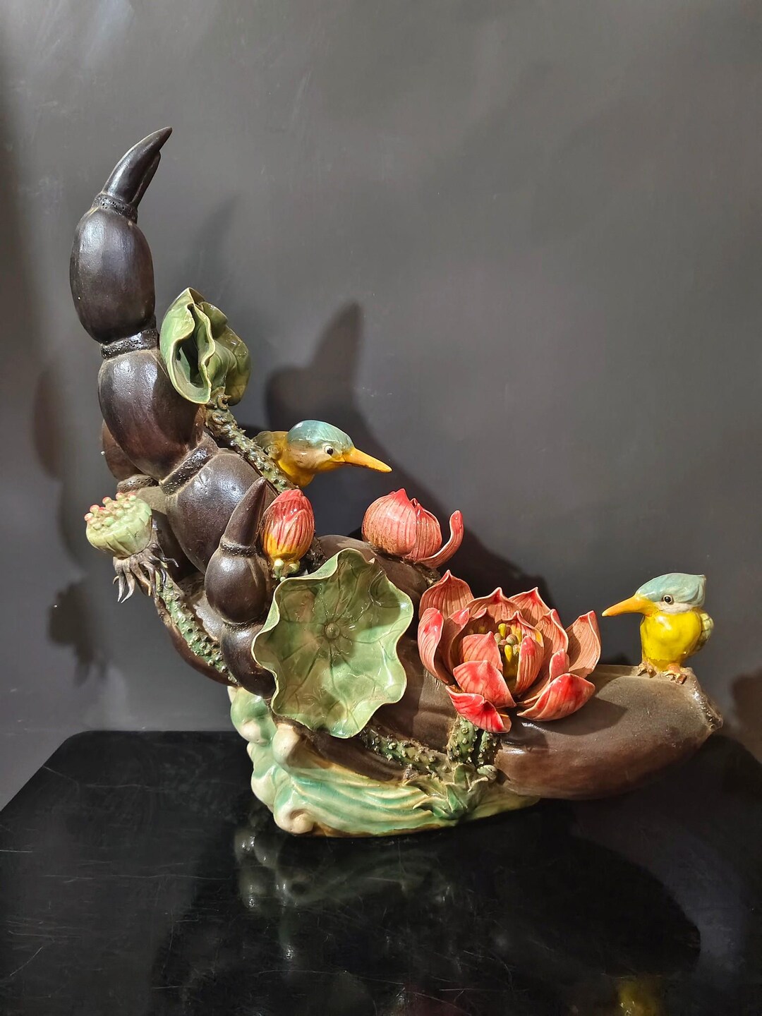 Antique Shiwan Ceramic Statue: Lotus & Kingfisher Feng Shui Decor - Etsy
