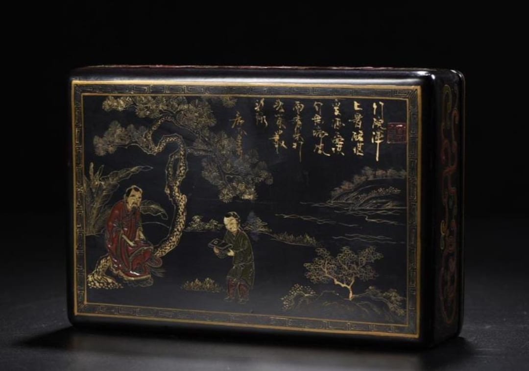 Antique Chinese Black Lacquer Scholar Box: Gold Painted Story Scene - Etsy