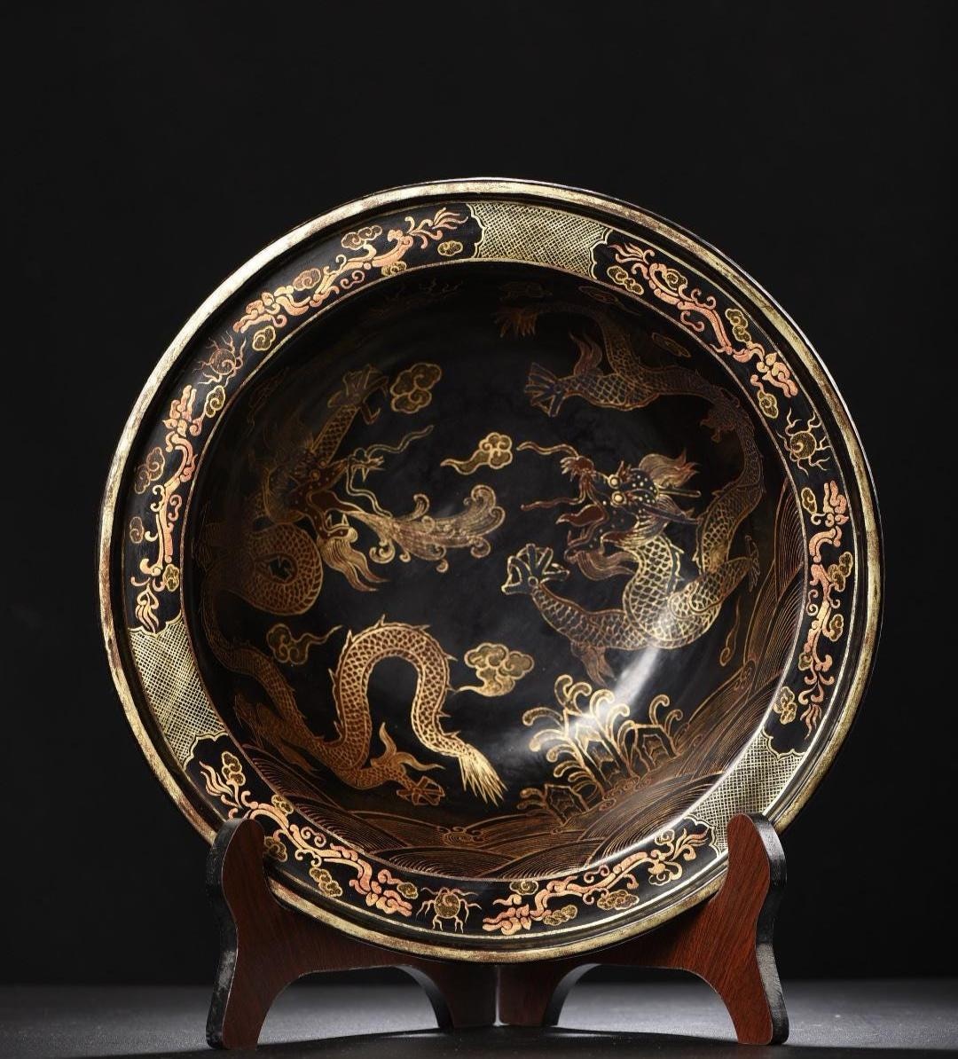 Chinese Gilt Lacquer Brass Basin: Two Dragons Chasing Pearl, Oriental ...