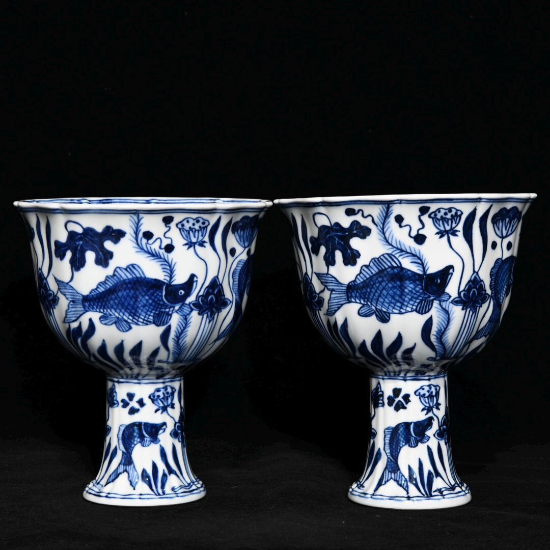 Antique Ming Xuande Porcelain Stem Bowls: Blue and White Fish Pair - Etsy