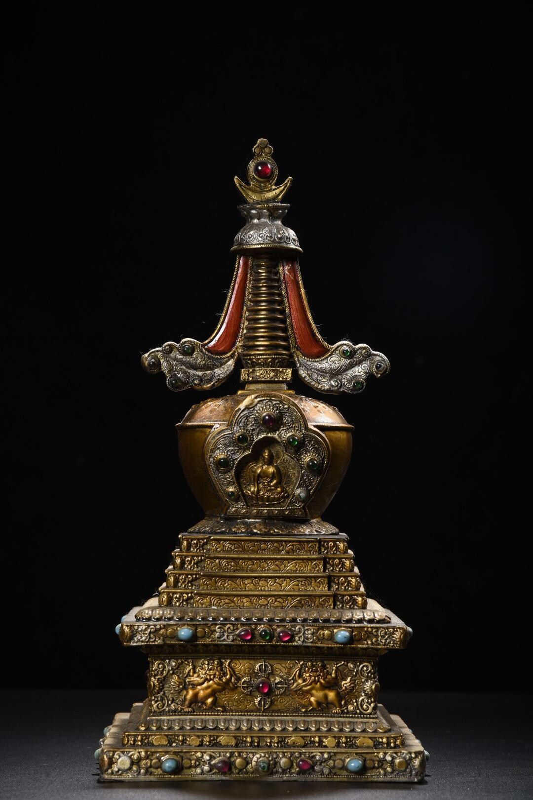 Antique Tibetan Bronze Stupa – Hand-painted Gem-inlaid Buddhist ...