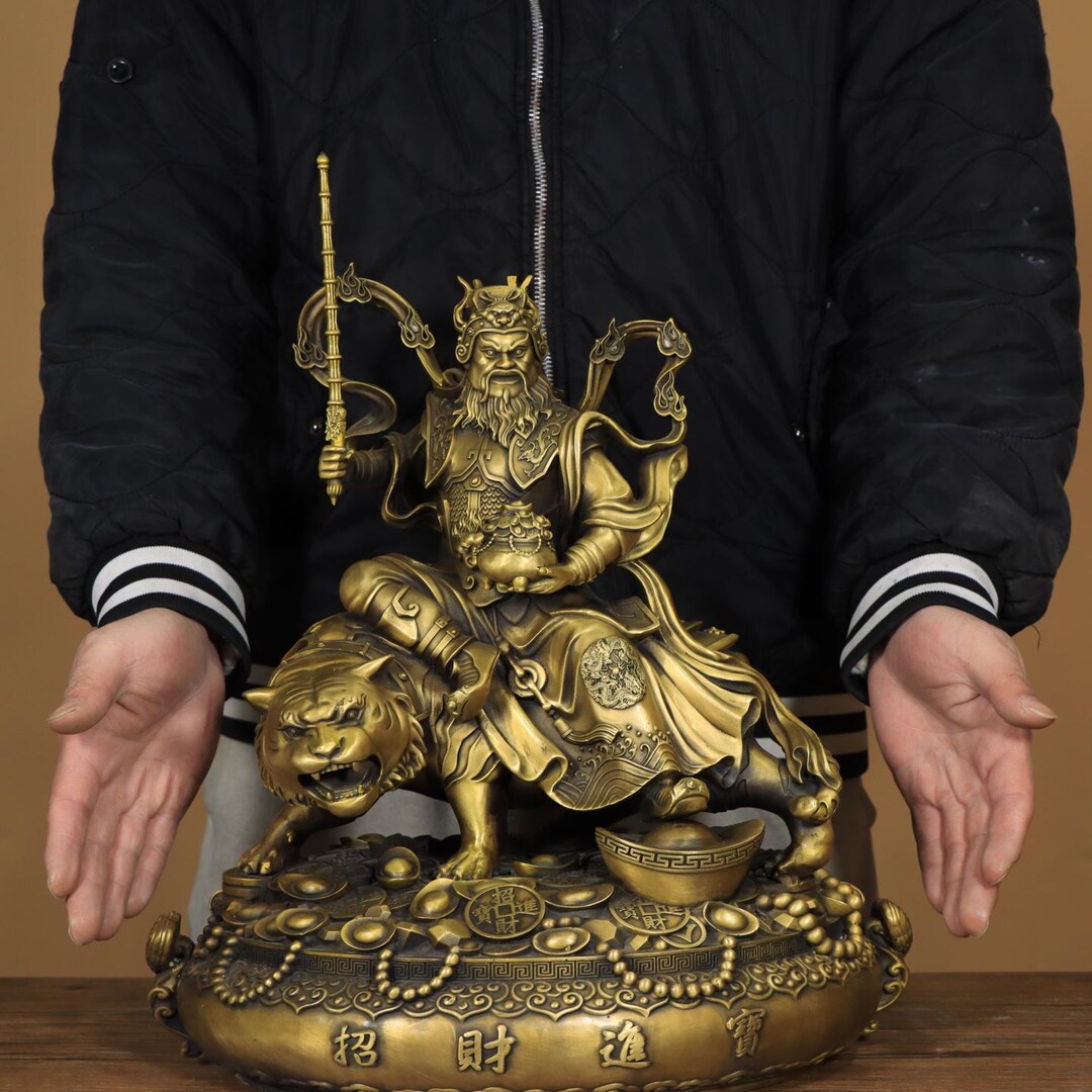 Vintage Solid Bronze Zhao Gongming Statue • Wealth God Riding Tiger ...