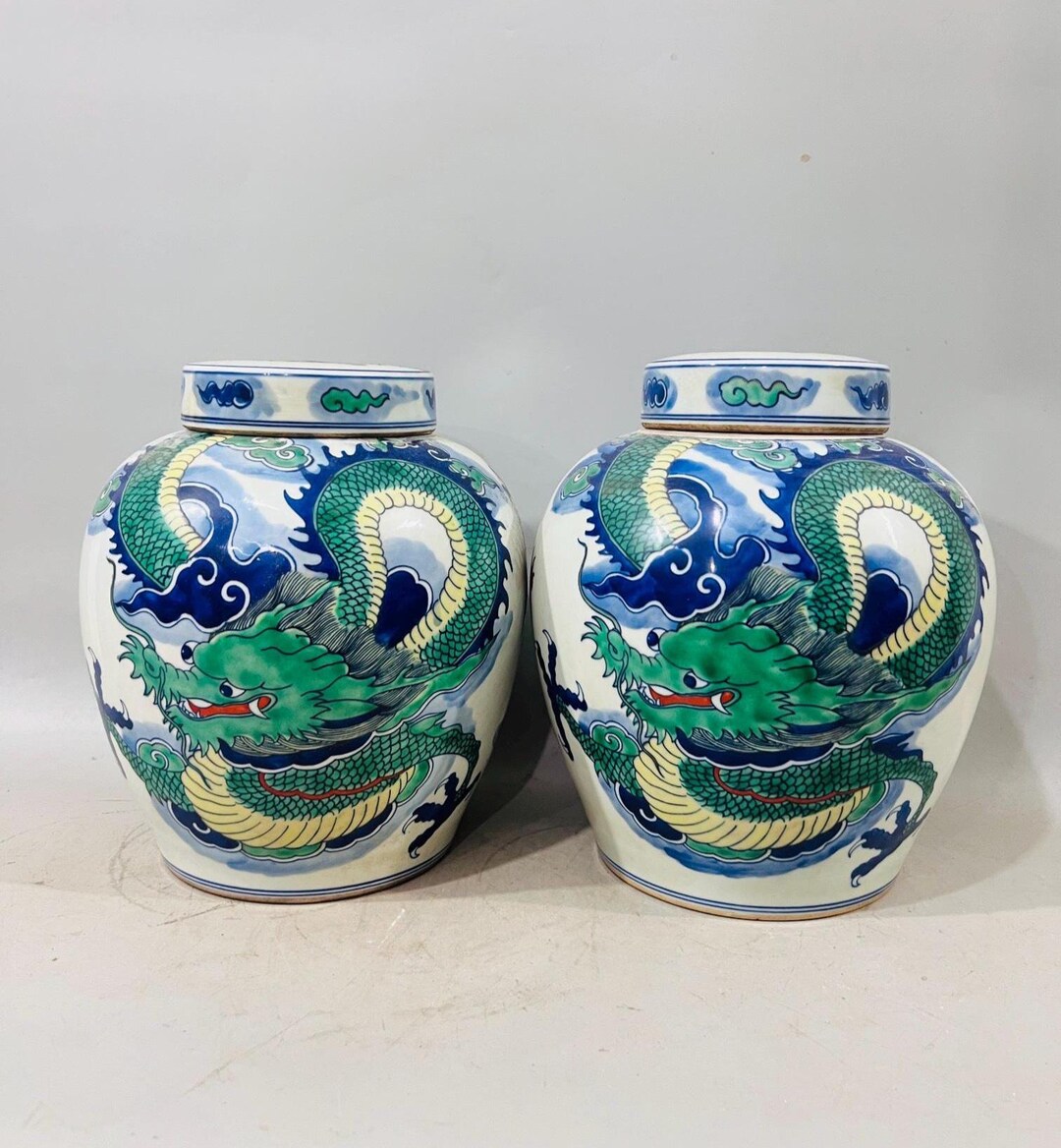 Antique Chinese Famille verte Porcelain Lidded Jar Pair With Vibrant ...