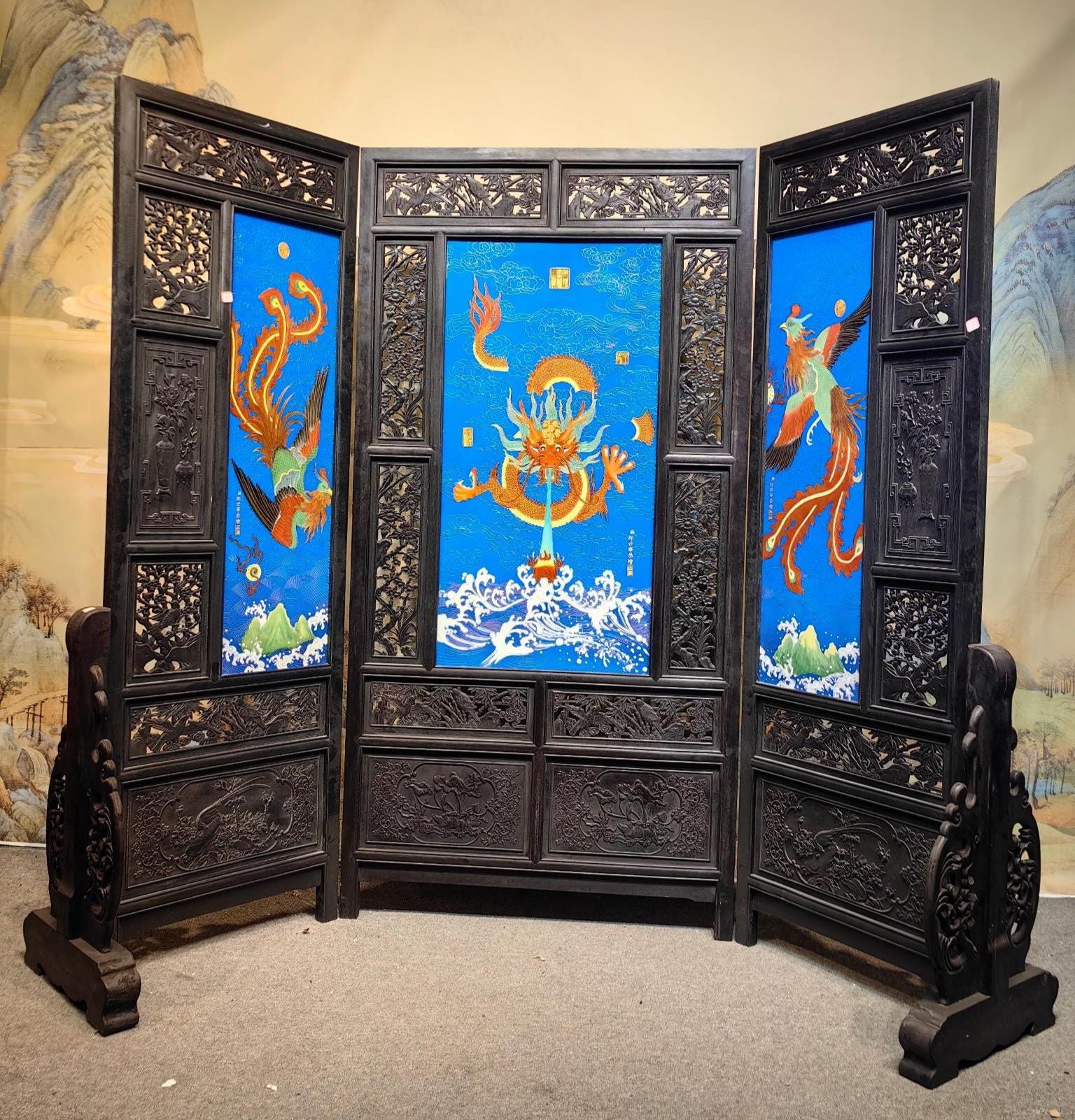 Antique Rosewood Floor Screen With Cloisonné Enamel Panels – “dragon ...