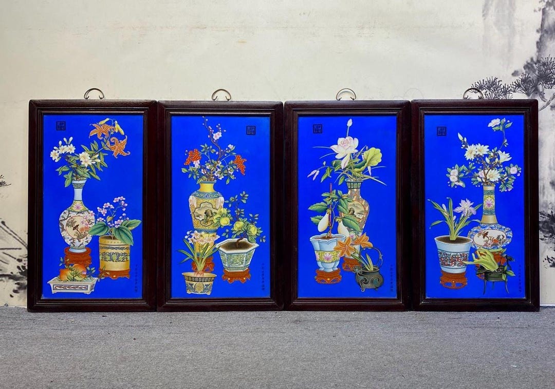 Antique Chinese Rosewood Inlaid Porcelain Wall Panels, Cloisonné Style ...