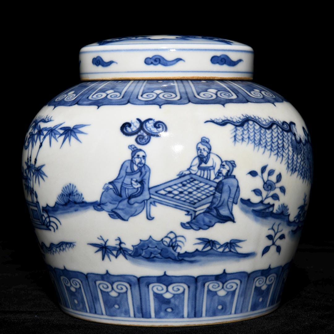 Antique Chinese Blue and White Porcelain Jar, Figural Story Scene, Tian ...