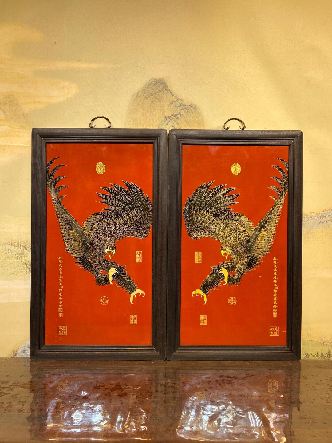 Antique Chinese Porcelain Wall Panels: Soaring Eagles, Rosewood Frames ...