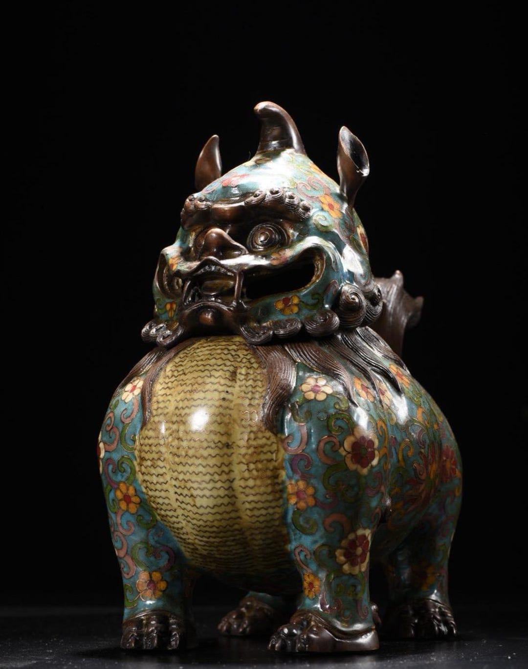 Antique Chinese Cloisonné Pixiu Censer: Gilt Bronze Enamel Kirin Lion ...