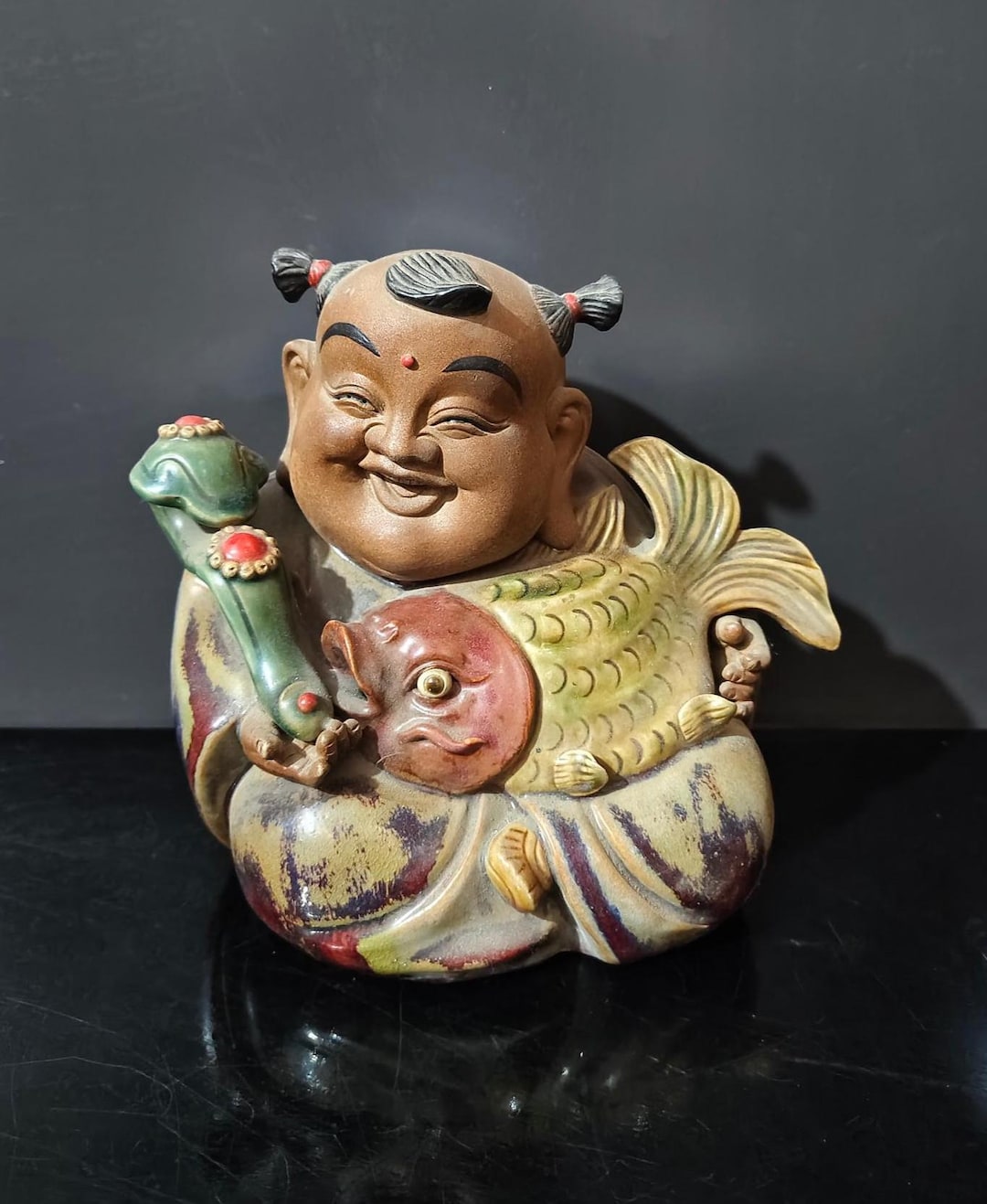 Antique Shiwan Ceramic Figurine: Boy With Fish, Prosperity Home Decor ...