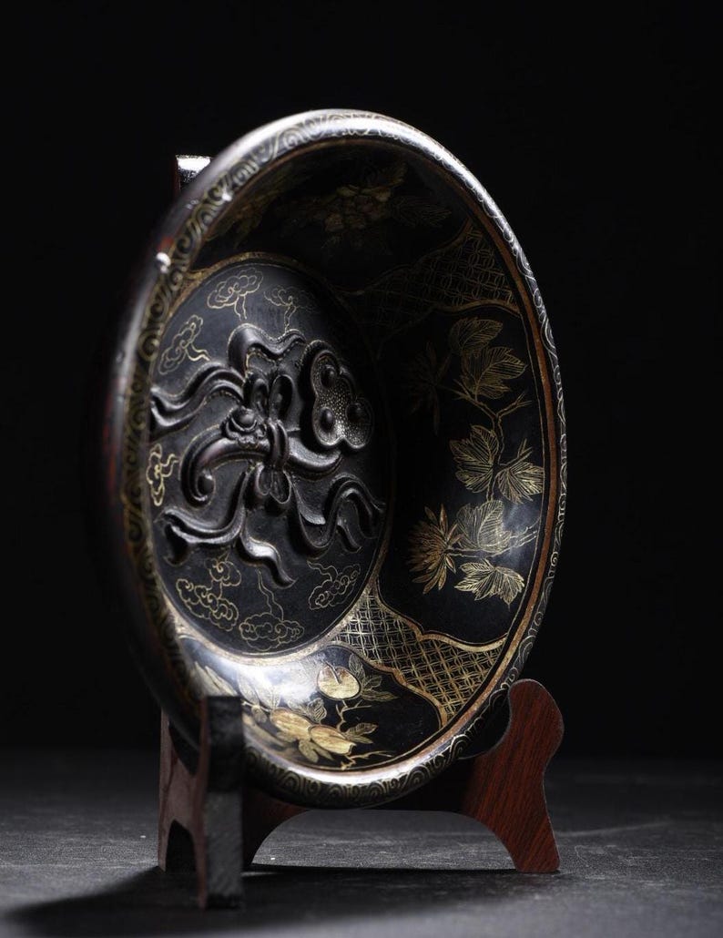Antique Chinese Lacquer Display Plate: Gilt Relief Asian Art - Etsy