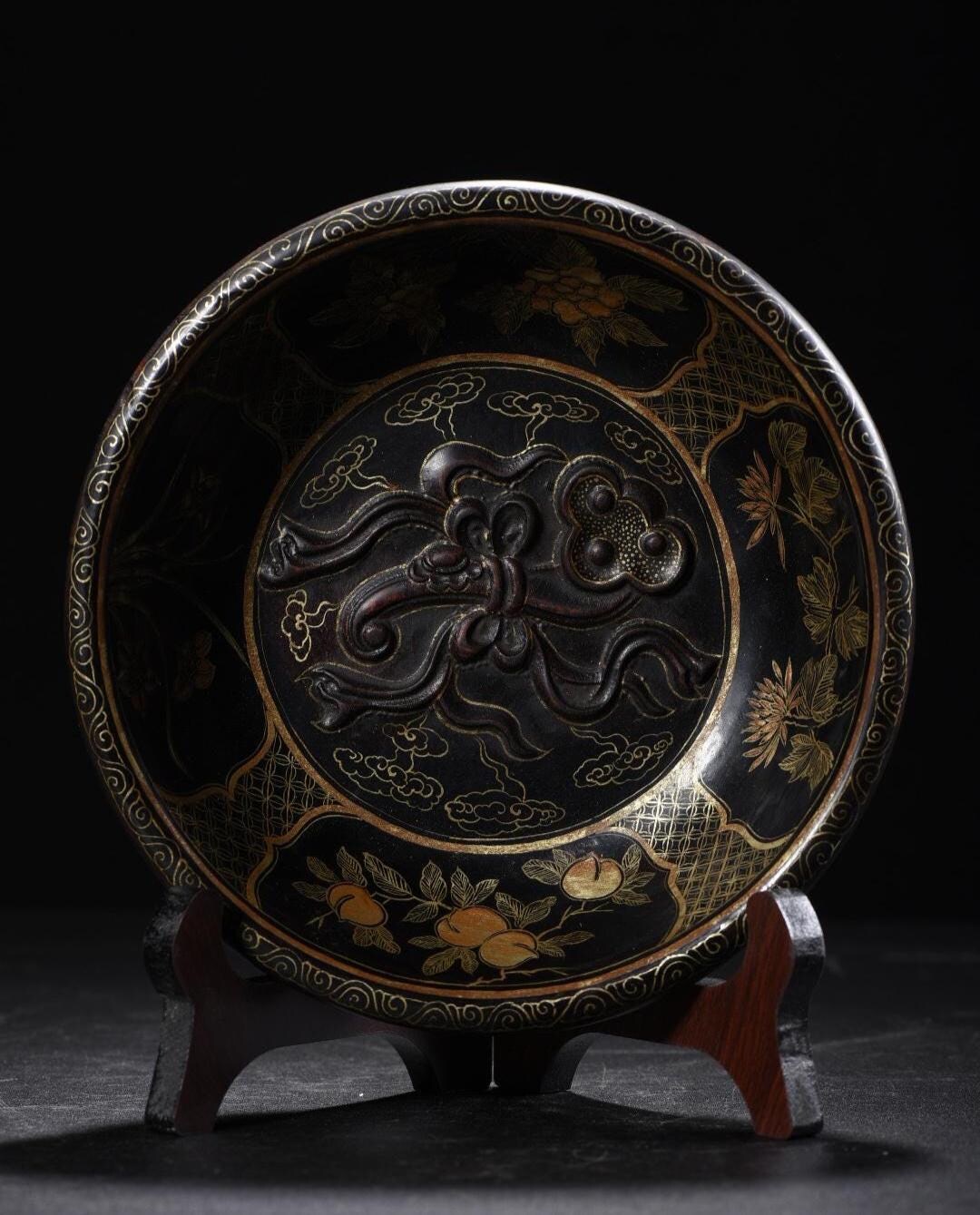 Antique Chinese Lacquer Display Plate: Gilt Relief Asian Art - Etsy