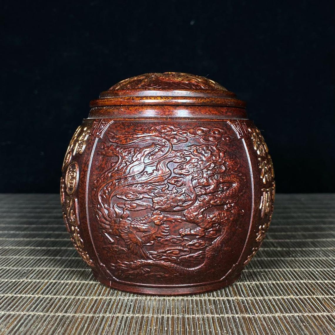 Chinese Collectible Pure Copper Dragon and Phoenix Tea Canister Covered ...