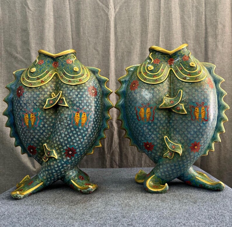 Large Antique Chinese Cloisonné Double Fish Vase Pair | Feng Shui ...