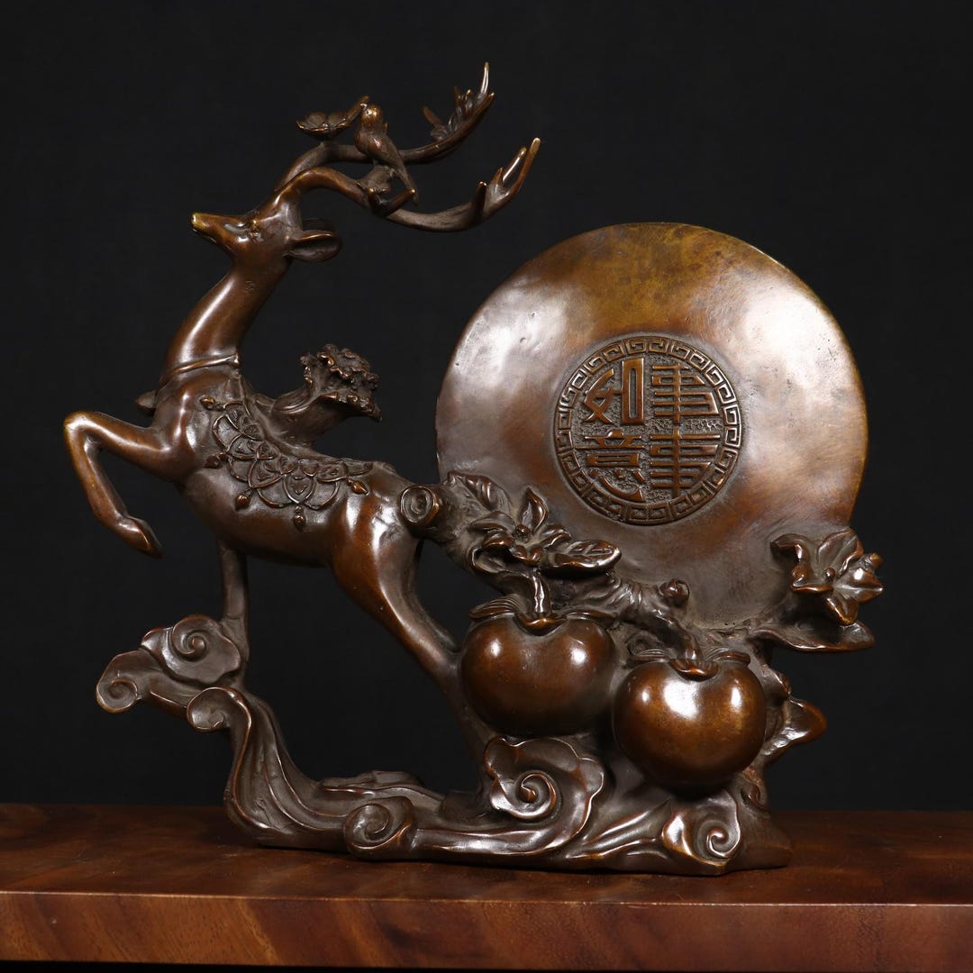 Chinese Old Pure Copper Statue of Everything Good Deer Collection Art ...