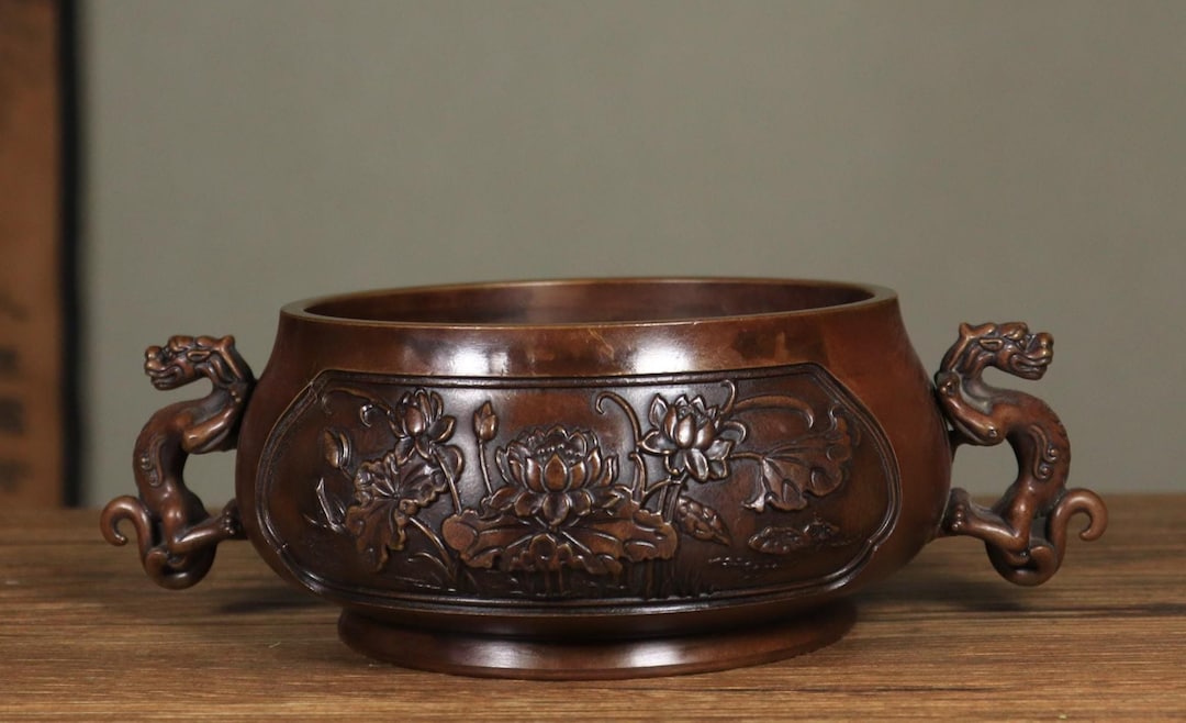 Antique Chinese Solid Bronze Censer With Chilong Dragon Handles – Lotus ...
