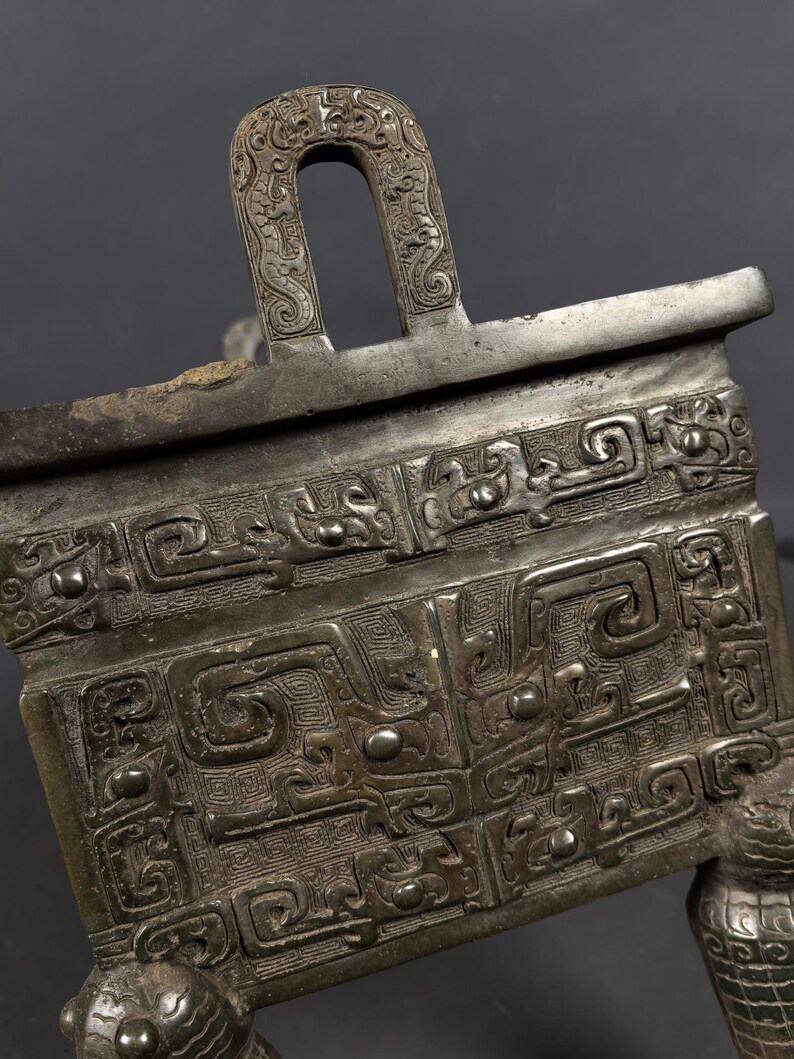 Ancient Chinese Bronze Ding Vessel | Beast Mask Motif Ritual Tripod - Etsy