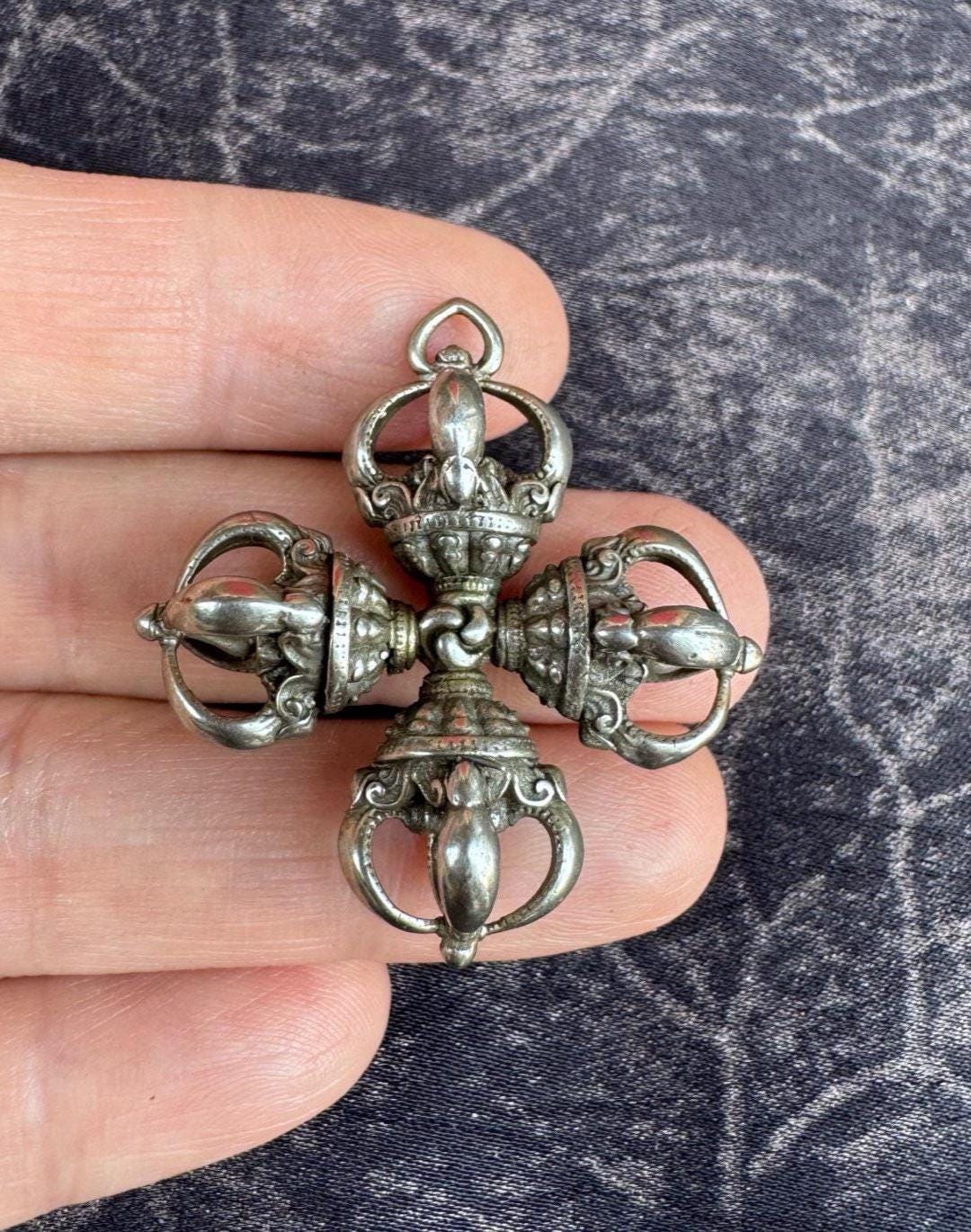 Tibetan White Copper Vajra Pendant | Dorje Cross Amulet | Protective ...