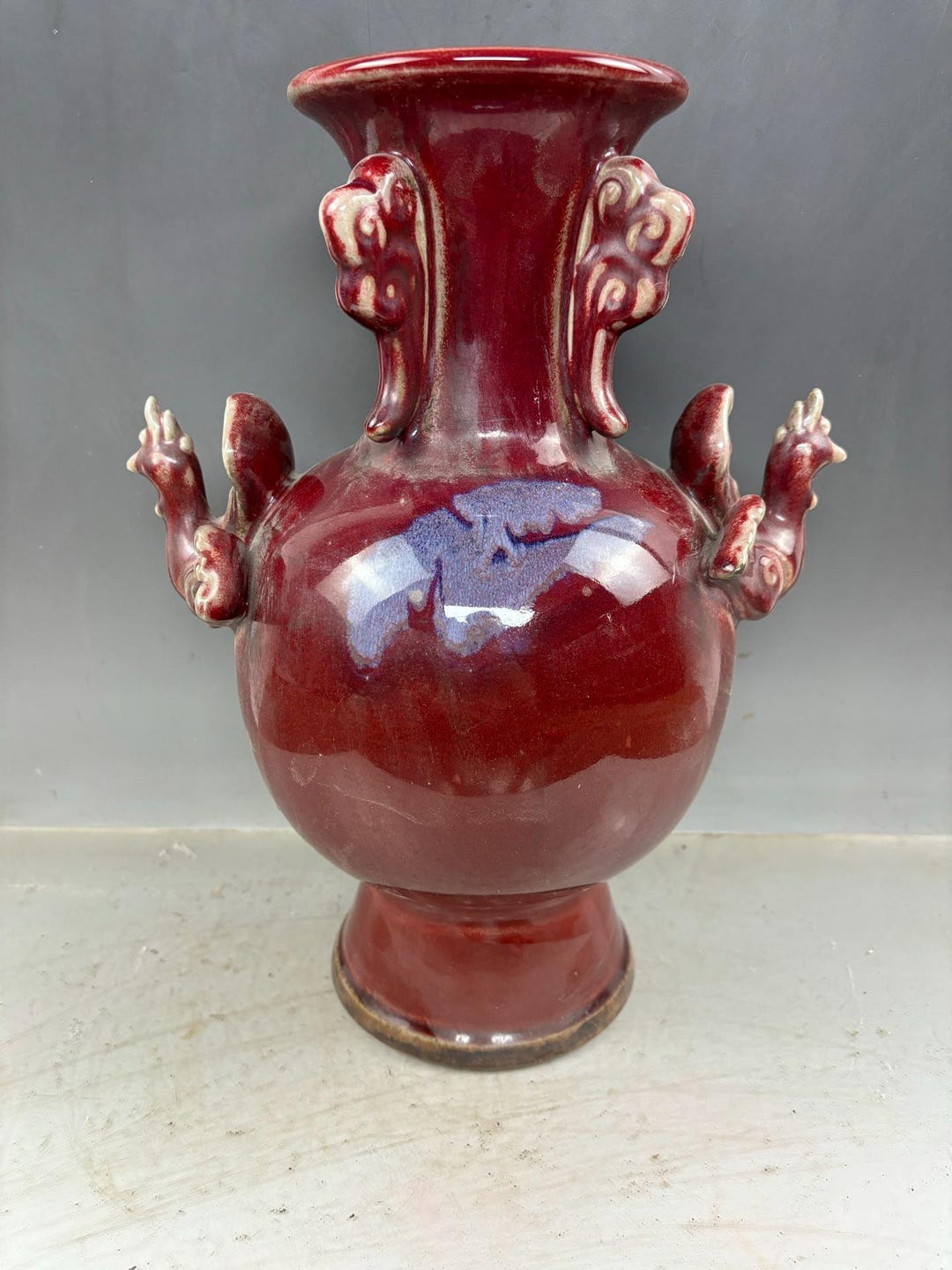 Antique Jun Porcelain Vase: Twin Phoenix Handles, Flambé Glaze - Etsy