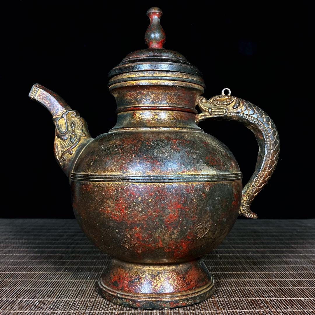 Chinese Antique Tibet Copper Dragon Handle Teapot, Designed as a ...
