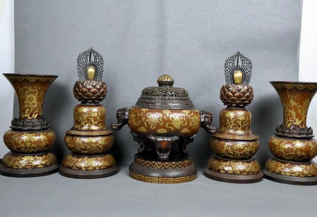 Antique Chinese Gilt Copper Buddhist Altar Set | 5-piece Cloisonné ...