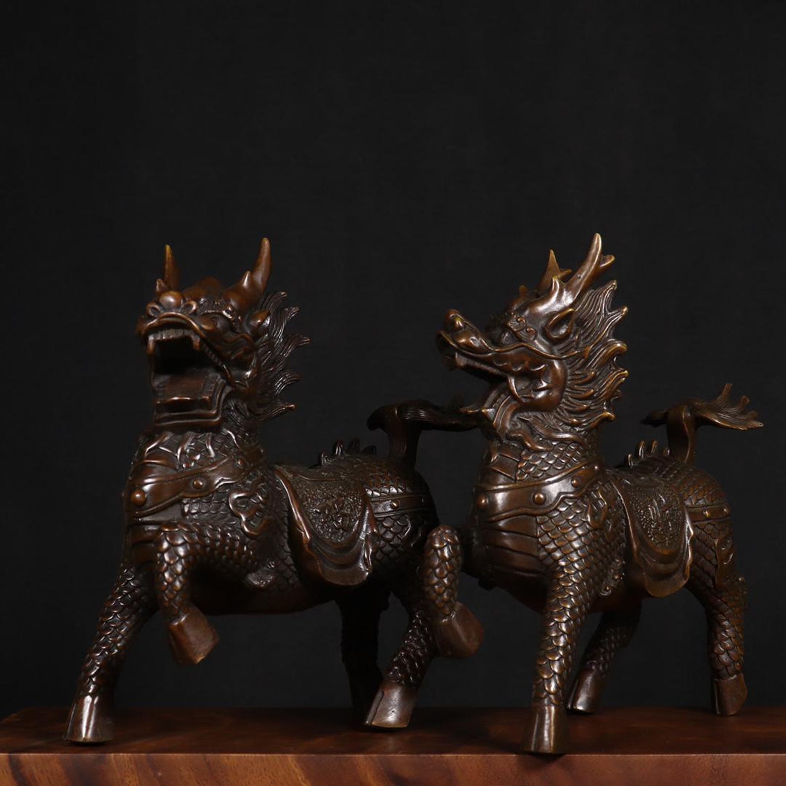 9.5“ Old China Copper Feng Shui Dragon Beast Qilin Kirin Lucky ...