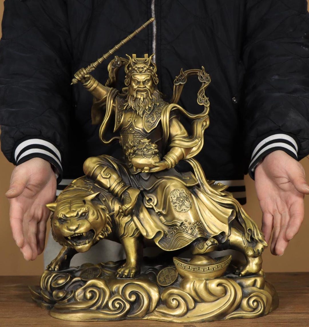 Vintage Solid Bronze Zhao Gongming Statue • Wealth God Riding Tiger ...