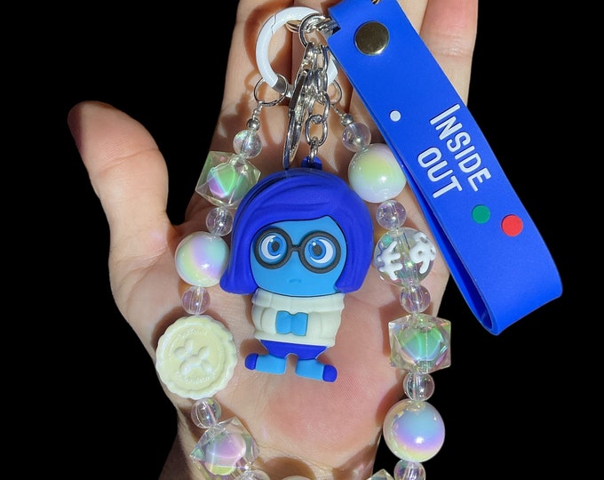 Inside Out 2 Silicone Chunky Sadness Blue White With Beads Keychain Key ...