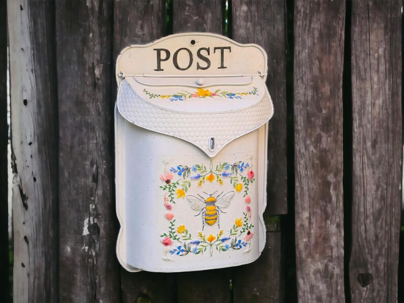 Vintage Style Post Box Floral Bee, Antique Metal Mailbox, Rustic Letter ...