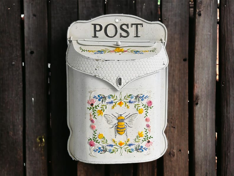 Vintage Style Post Box Floral Bee, Antique Metal Mailbox, Rustic Letter ...