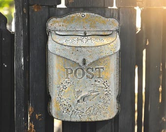 Vintage Post Box Blue White Flowers, Hand Painted Mailbox, Rustic ...