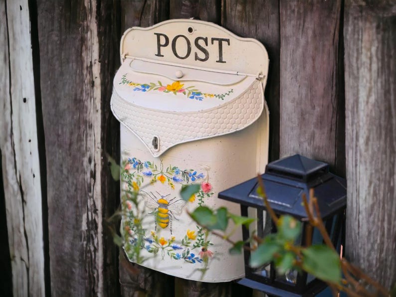 Vintage Style Post Box Floral Bee, Antique Metal Mailbox, Rustic Letter ...