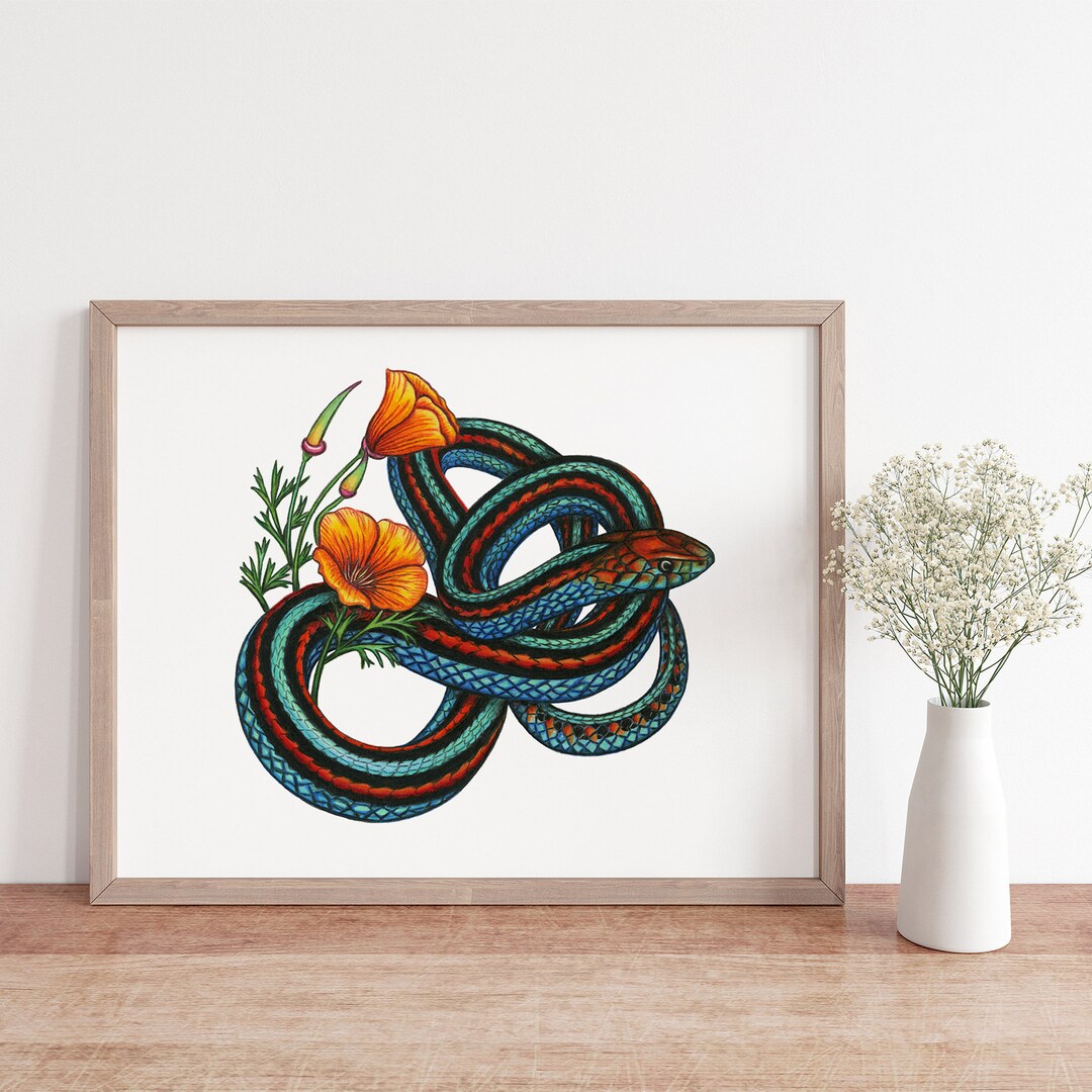 Snake Print, Garter Snake, Reptile Art, Botanical Art, California Poppy ...