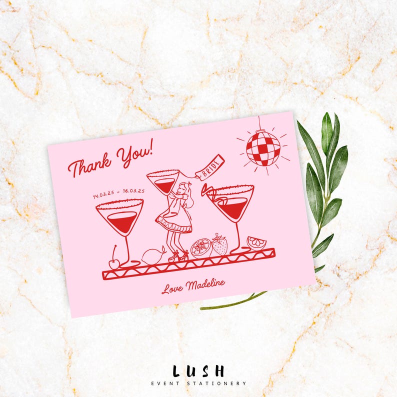 Hand Drawn Bachelorette Thank You Card Template, Illustrated Bridal ...