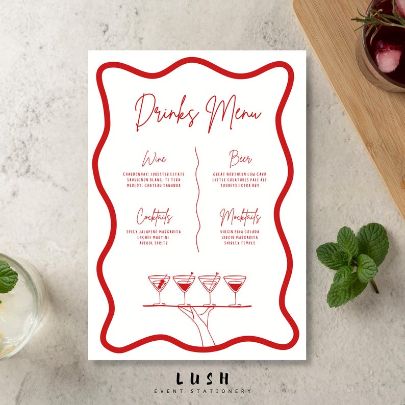 Hand Drawn Bachelorette Party Drinks Menu, Illustrated Hens Drinks Menu ...
