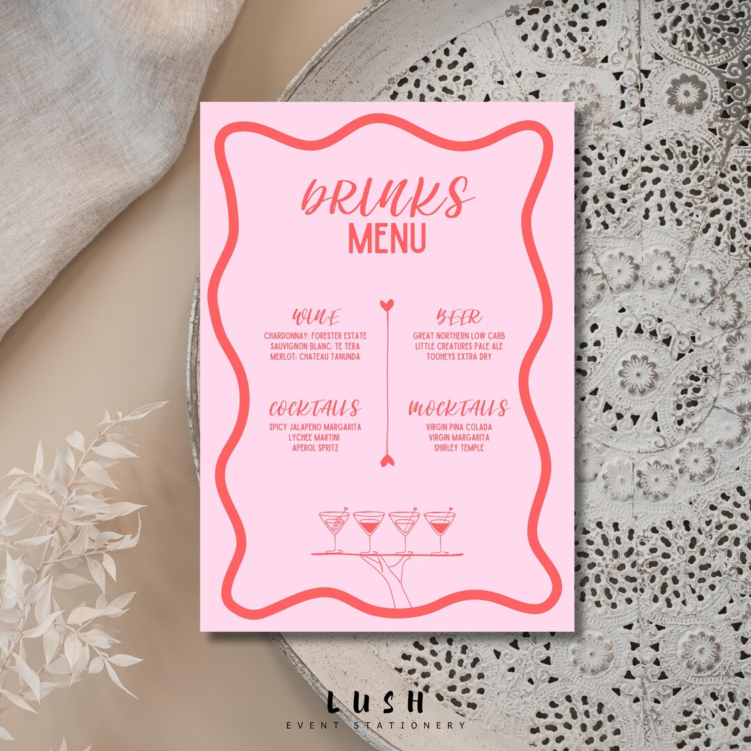 Hand Drawn Bar and Drinks Menu Illustrated Bachelorette Party Menu Hens ...